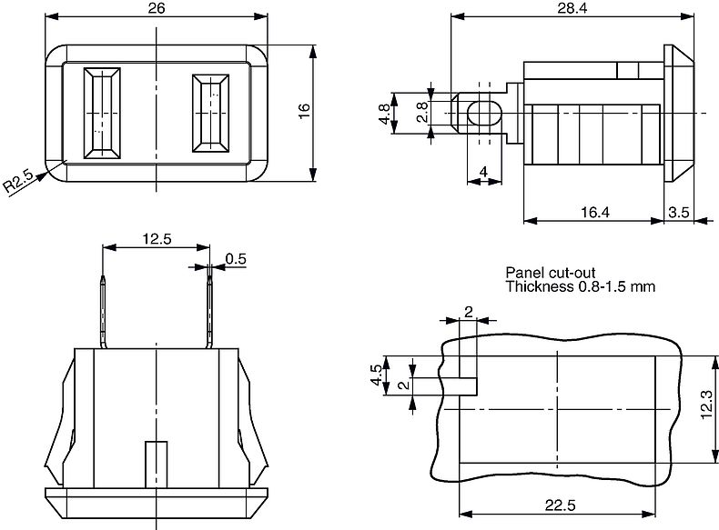 0715 - NEMA line Outlet 1-15R, Snap-in Mounting, Front Side, Solder ...