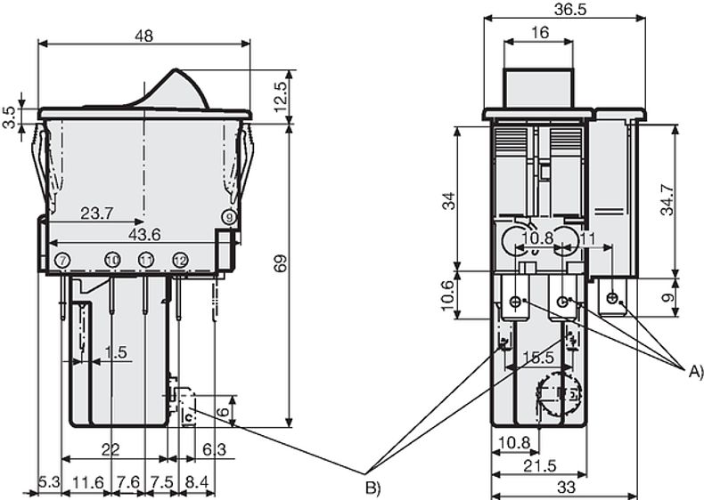 TA45 3 pole Rocker - Circuit Breaker for Equipment thermal, 3 pole ...