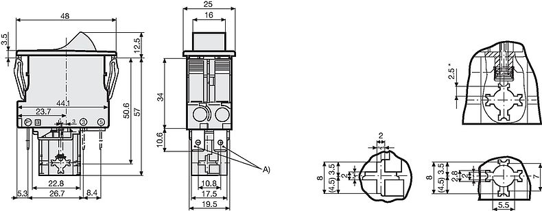 TA45 2 pole Rocker - Circuit Breaker for Equipment thermal, 2 pole ...